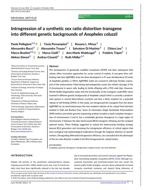 Pdf Introgression Of A Synthetic Sex Ratio Distortion Transgene Into