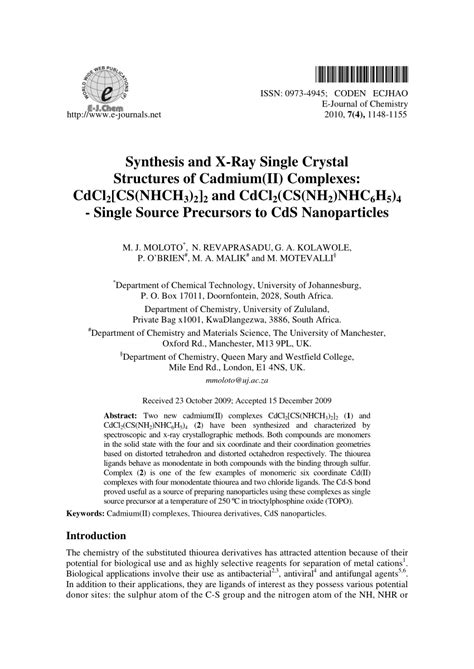 Pdf Synthesis And X Ray Single Crystal Structures Of Cadmium Ii Complexes Cdcl2[cs Nhch3 2]2