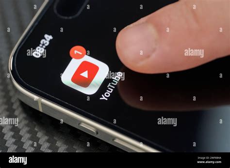 New York Usa January 24 2024 Touching Top Open Youtube App Icon With Finger On Iphone 15