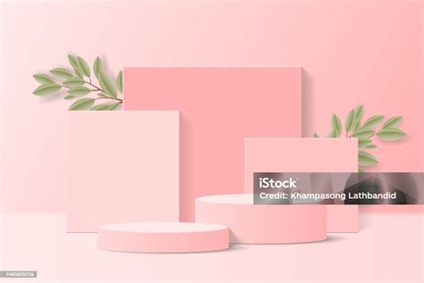 핑크 파스텔 색상의 스튜디오 룸에서 최소한의 장면 직사각형 모양 겹침 나뭇가지 잎이 있는 현실적인 3d 핑크 실린더 연단 받침대