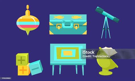 아이 장난감 및 아기 관리 용품 세트 어린이 소지품 월리기그 가방 망원경 블록 의자 벡터 일러스트 0명에 대한 스톡 벡터 아트 및 기타 이미지 Istock