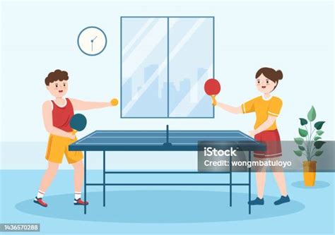 라켓과 탁구 스포츠를하는 사람들 플랫 만화 손으로 그린 템플릿 일러스트레이션에서 탁구 게임 경기의 공 Championship에 대한 스톡 벡터 아트 및 기타 이미지 Istock