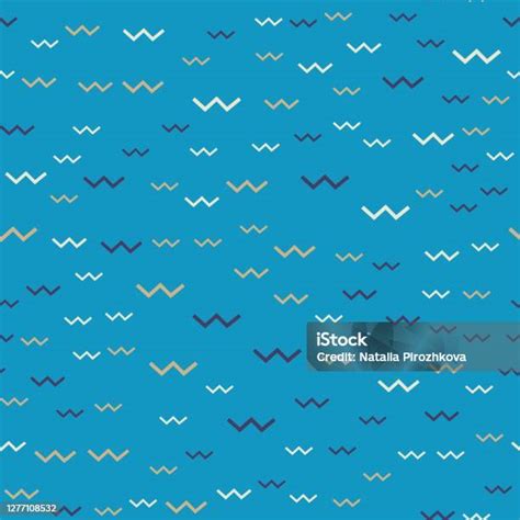 복고풍 스타일의 벡터 일러스트 스위니시 원활한 패턴 흰색 베이지색 다크 블루의 세 가지 색상의 지그재그는 파란색 배경에 임의의 순서로 배열됩니다 0명에 대한 스톡 벡터 아트