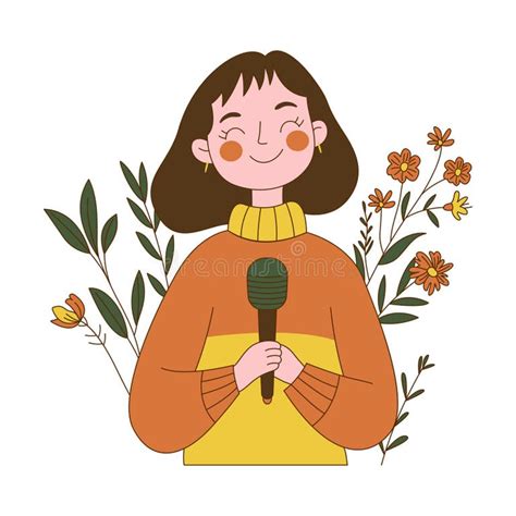 Innocent Nerd Girl Character Singing Using Microphone With Flower Floral Decoration Stock