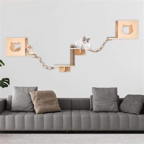 Kattenwandplanken Set Van 7 Klimwand En Zitstokken Voor Binnen Bol