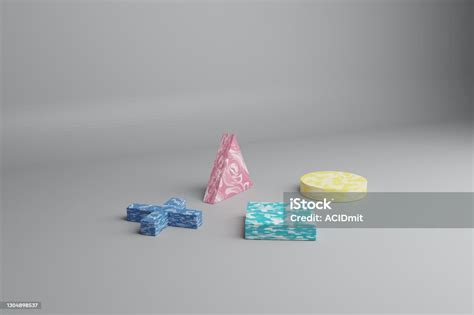 회색 배경에 여러 가지 색상 기하학적 형태가 있는 3d 렌더링 추상적 최소 장면을 렌더링합니다 빈 쇼케이스 는 제품 프리젠 테이션 일러스트 레이션 등을위한 빈 무대와 모형을