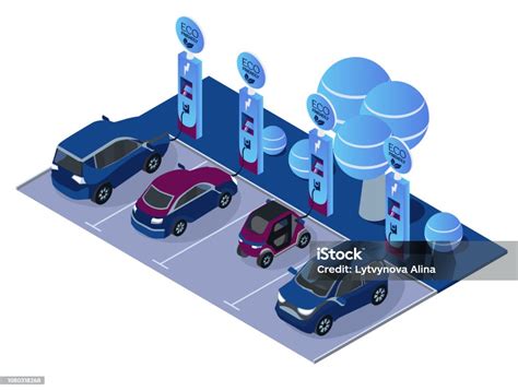 전기 자동차 충전 스테이션 개념입니다 Ev 충전 포인트 또는 Evse입니다 등각 투영 평면 자동차 그림을 충전입니다 에코 친화적인 자동차 녹색 에너지 전기 자동차 대체 연료