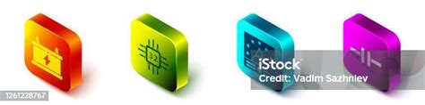 isometric 자동차 배터리 마이크로 회로 cpu 암페어 미터 멀티 미터 볼트미터 및 전기 회로 구성 표식 아이콘프로세서를