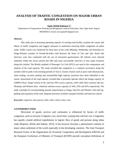 PDF ANALYSIS OF TRAFFIC CONGESTION ON MAJOR URBAN ROADS IN NIGERIA