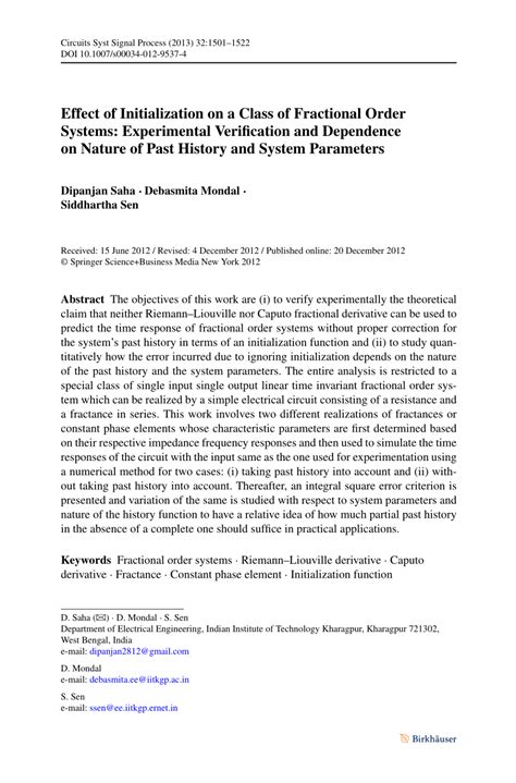 Pdf Effect Of Initialization On A Class Of Fractional Order Systems Experimental Verification