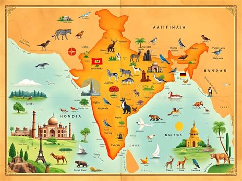 A Vivid Illustrated Map Of India Highlighting Key Landmarks And