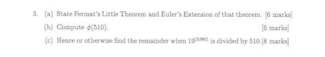 Solved 3 A State Fermats Little Theorem And Eulers