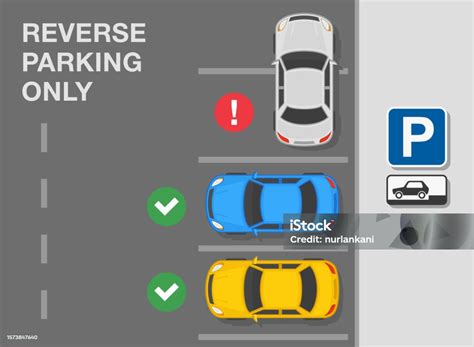 야외 주차 요령 및 규칙 도시 주차장에 주차된 올바른 차량과 잘못된 주차된 차량의 평면도 후진 주차 전용 표지판 의미 개체 그룹에 대한 스톡 벡터 아트 및 기타 이미지