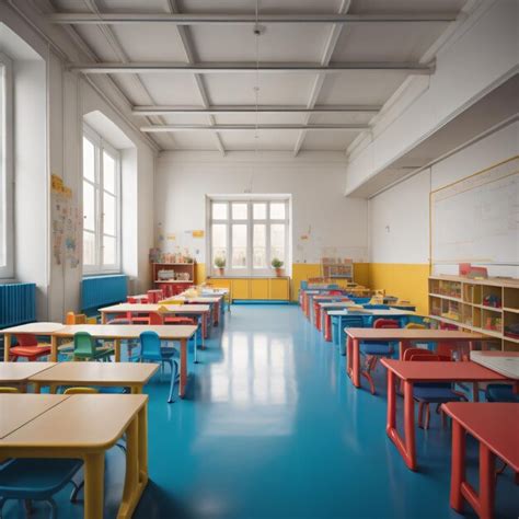 Premium Ai Image A Classroom With A Blue Floor And Yellow Chairs With
