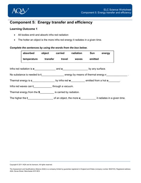 Energy Transfer And Efficiency Worksheet Middle School Science