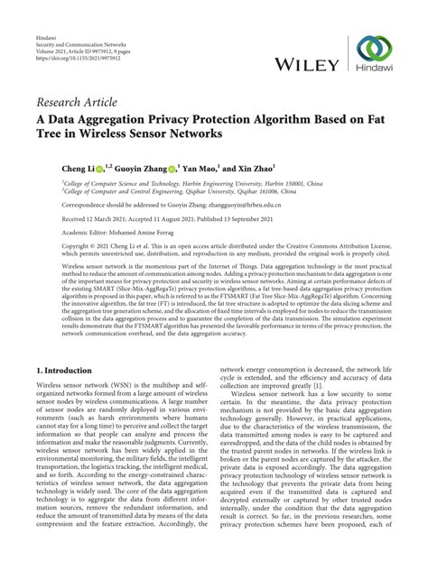 Pdf A Data Aggregation Privacy Protection Algorithm Based On Fat Tree In Wireless Sensor Networks