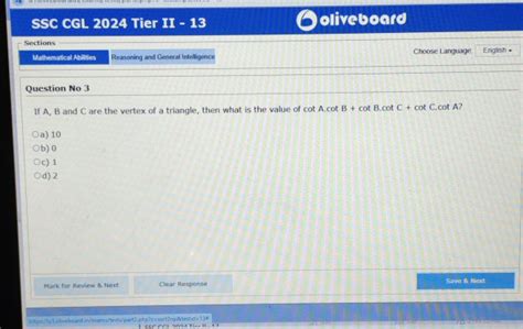 If A B And C Are The Vertex Of A Triangle Then What Is The Value Of Cot Acot B Cot Bcot C