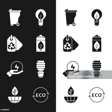 에코 자연 잎 및 배터리 세트 재활용 쓰레기통 전구 번개 볼트 Led 조명 에코 건강 식품 라벨 및 지구 지구 식물 아이콘 벡터 Led 조명에 대한 스톡 벡터 아트 및 기타