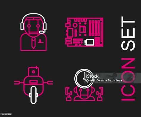 라인 로봇 및 디지털 시간 관리자 전자 컴퓨터 구성 요소 마더 보드 칩 및 작업자 로봇 아이콘을 설정합니다 벡터 Cpu에 대한 스톡 벡터 아트 및 기타 이미지 Istock