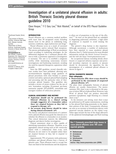 Pdf Investigation Of A Unilateral Pleural Effusion In Adults 2