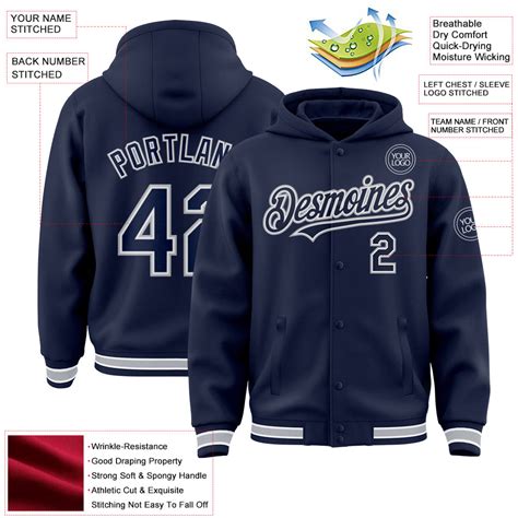 Custom Navy White Gray Bomber Full Snap Varsity Letterman Hoodie Jacket
