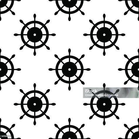 스티어링 휠과 벡터 완벽 한 패턴입니다 대칭 배경 항해 주제입니다 그래픽 일러스트입니다 흑인과 백인입니다 배치 배경 직물 인쇄 장식 표면에 대 한 서식 파일 갈색에 대한