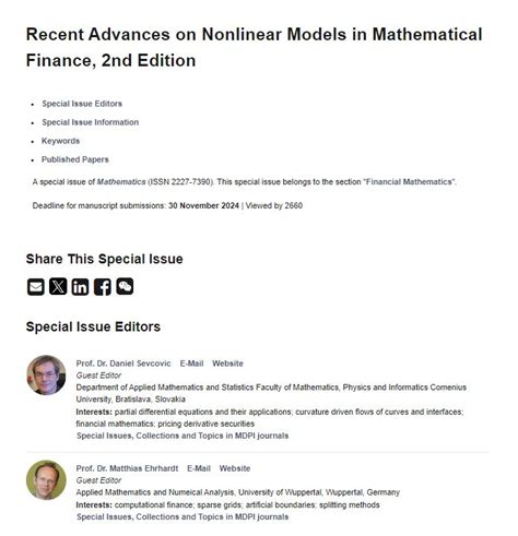 Special Issue On Nonlinear Models In Finance Mathematics Mdpi Posted