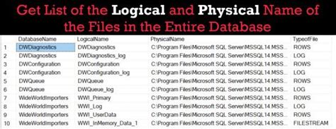 Sql Server Get List Of The Logical And Physical Name Of The Files In The Entire Database Sql