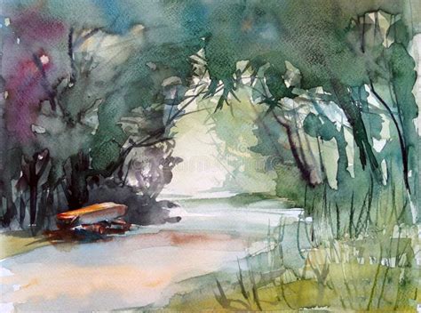 Watercolor Drawing Of A Walkway And A Park Bench Under Green Tree Arches Stock Illustration