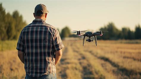 A Man In A Plaid Shirt And Cap Controls A Drone Hovering Over A Rural
