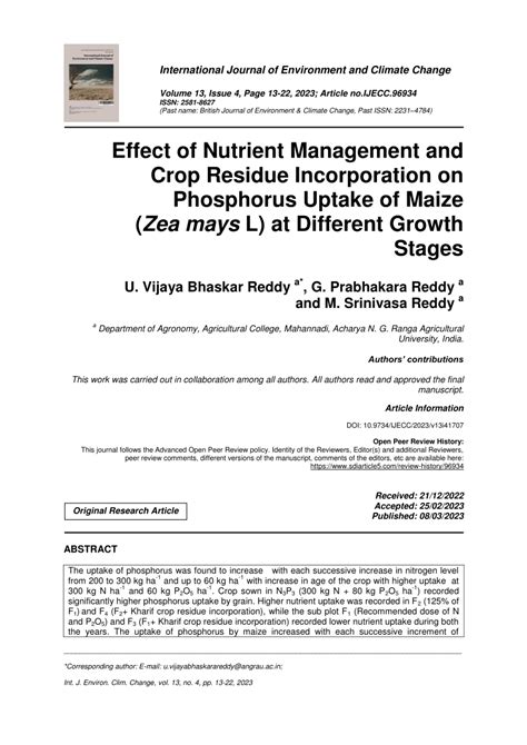 (PDF) Effect of Nutrient Management and Crop Residue Incorporation on Phosphorus Uptake of Maize ...