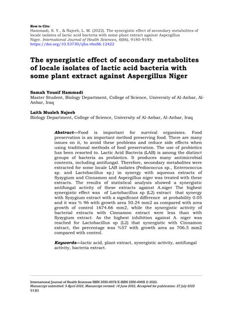 Pdf Synergistic Effect Of Secondary Metabolites Of Locale Isolates Of Lactic Acid Bacteria