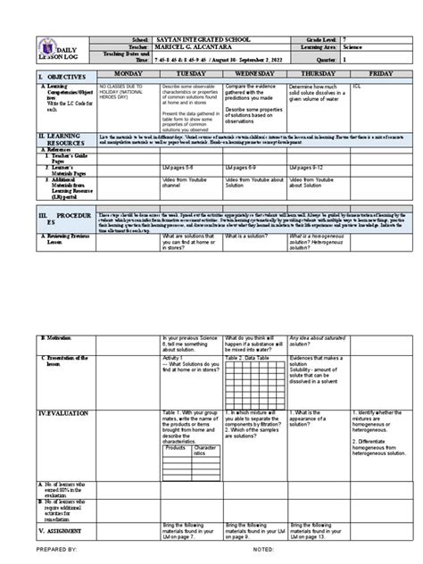 daily lesson log week 2 science 7 pdf mixture behavior modification
