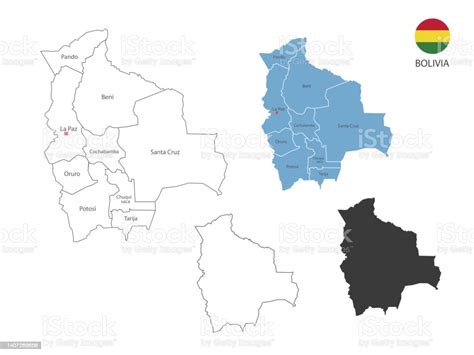 볼리비아지도 벡터 일러스트 레이 션의 4 스타일은 모든 지방을 가지고 볼리비아의 수도를 표시합니다 얇은 검은 윤곽선 단순 스타일과 어두운 그림자 스타일 흰색 배경에 고립되어