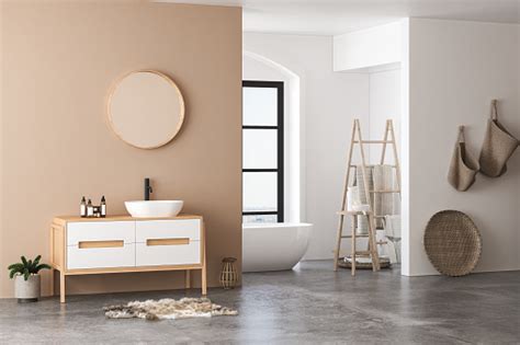 베이지 색 벽이있는 현대적인 욕실 인테리어 타원형 거울이있는 흰색 싱크대 욕조 0명에 대한 스톡 사진 및 기타 이미지 0명 3차원 형태 가구 Istock