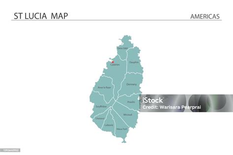 흰색 배경에 세인트 루시아지도 벡터 일러스트레이션 지도에는 모든 지방이 있으며 세인트 루시아의 수도를 표시합니다 0명에 대한 스톡 벡터 아트 및 기타 이미지 Istock