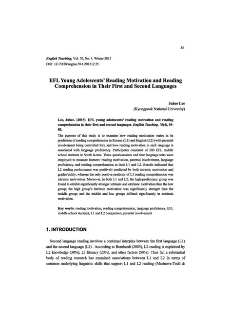 Pdf Efl Young Adolescents Reading Motivation And Reading Comprehension In Their First And