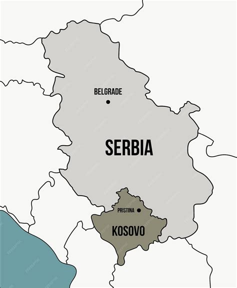 세르비아 공화국과 코소보 공화국 및 주요 도시 간의 경계가 있는 간단한 지도 프리미엄 벡터