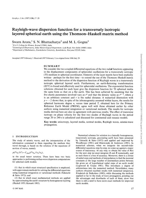 Pdf Rayleigh‐wave Dispersion Function For A Transversely Isotropic Layered Spherical Earth