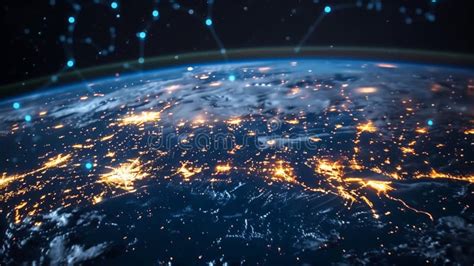 Satellite Constellation Network Connecting Cities At Night Stock Image Image Of Research