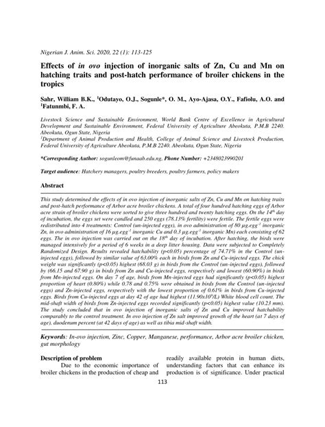 Pdf Effects Of In Ovo Injection Of Inorganic Salts Of Zn Cu And Mn On Hatching Traits And