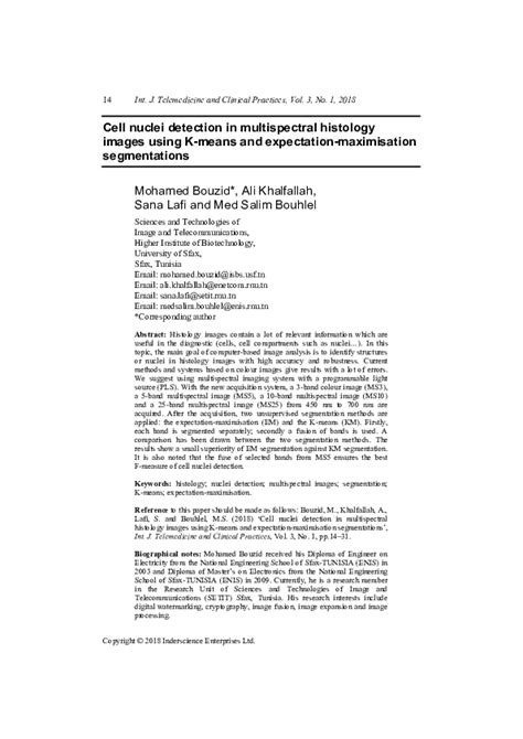 Pdf Cell Nuclei Detection In Multispectral Histology Images Using K