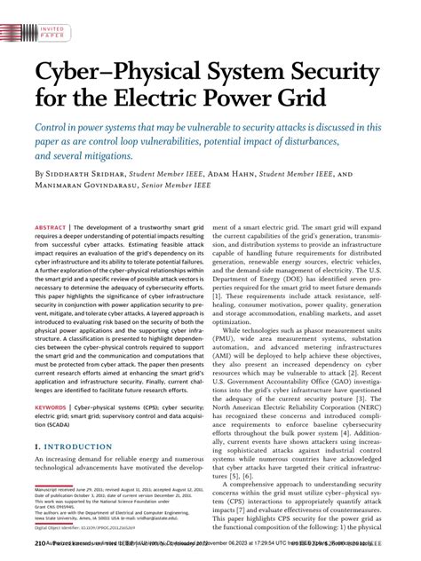 Cyberphysical System Security For The Electric Power Grid Pdf
