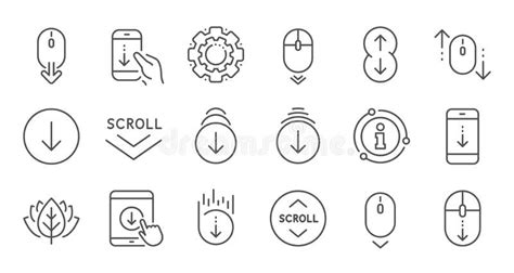 Scroll Down Line Icons Scrolling Mouse Landing Page Swipe Signs Linear Set Vector Stock