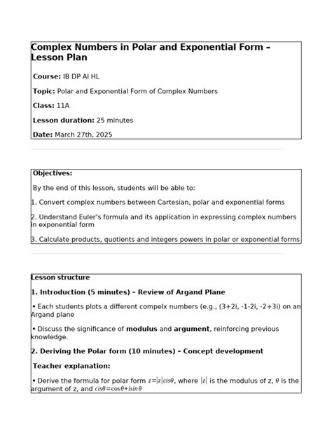 Lesson Plan Complex Numbers In Polar And Exponential Form Pdf