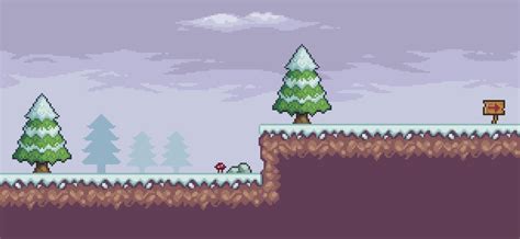 Pixel Art Snow Scene With Pine Trees 8bit Background