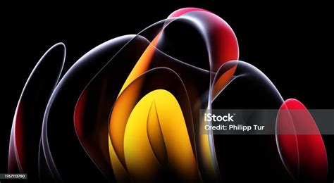 3d는 검은 배경에 빛나는 빨간색 노란색 및 주황색 색상의 투명한 플라스틱 소재로 형성된 곡선 모양의 둥근 원형 및 구형 선으로 초현실적 인 3d 볼 구의 일부를 렌더링