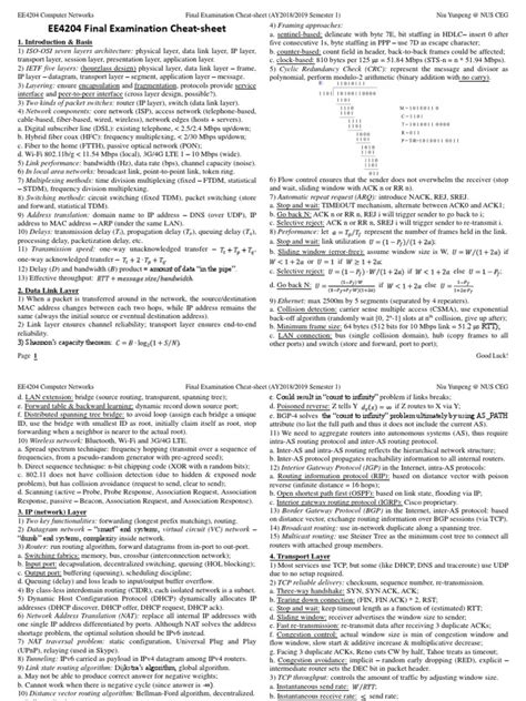 Ee4204 Computer Networks Final Examination Cheat Sheet A Comprehensive Review Of Key Computer