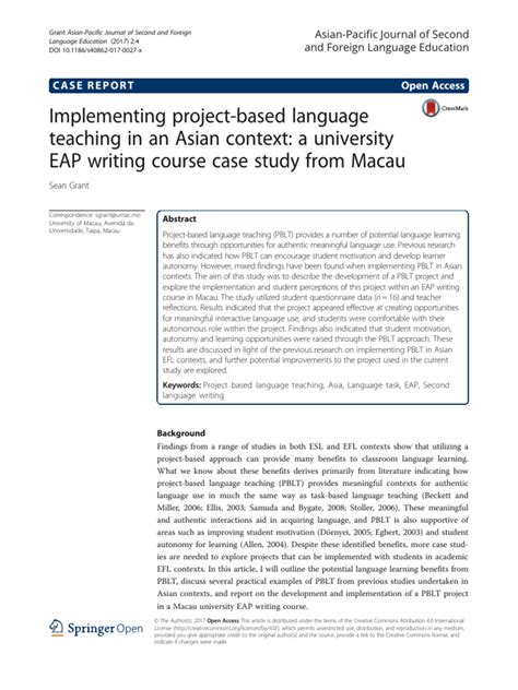 Grant 2017 Implementing Project Based Language Teaching In Asian Context University Eap