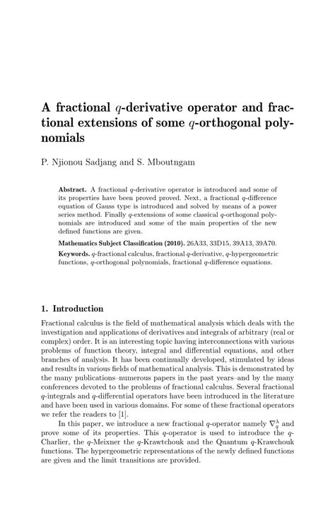 Pdf A Fractional Q Derivative Operator And Fractional Extensions Of Some Q Orthogonal Polynomials